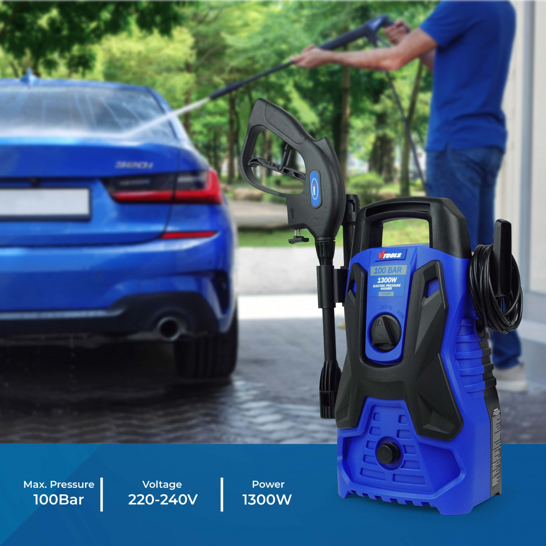 VTOOLS 100 Bar, 1300W Compact Electric Pressure Washer With Soap ...