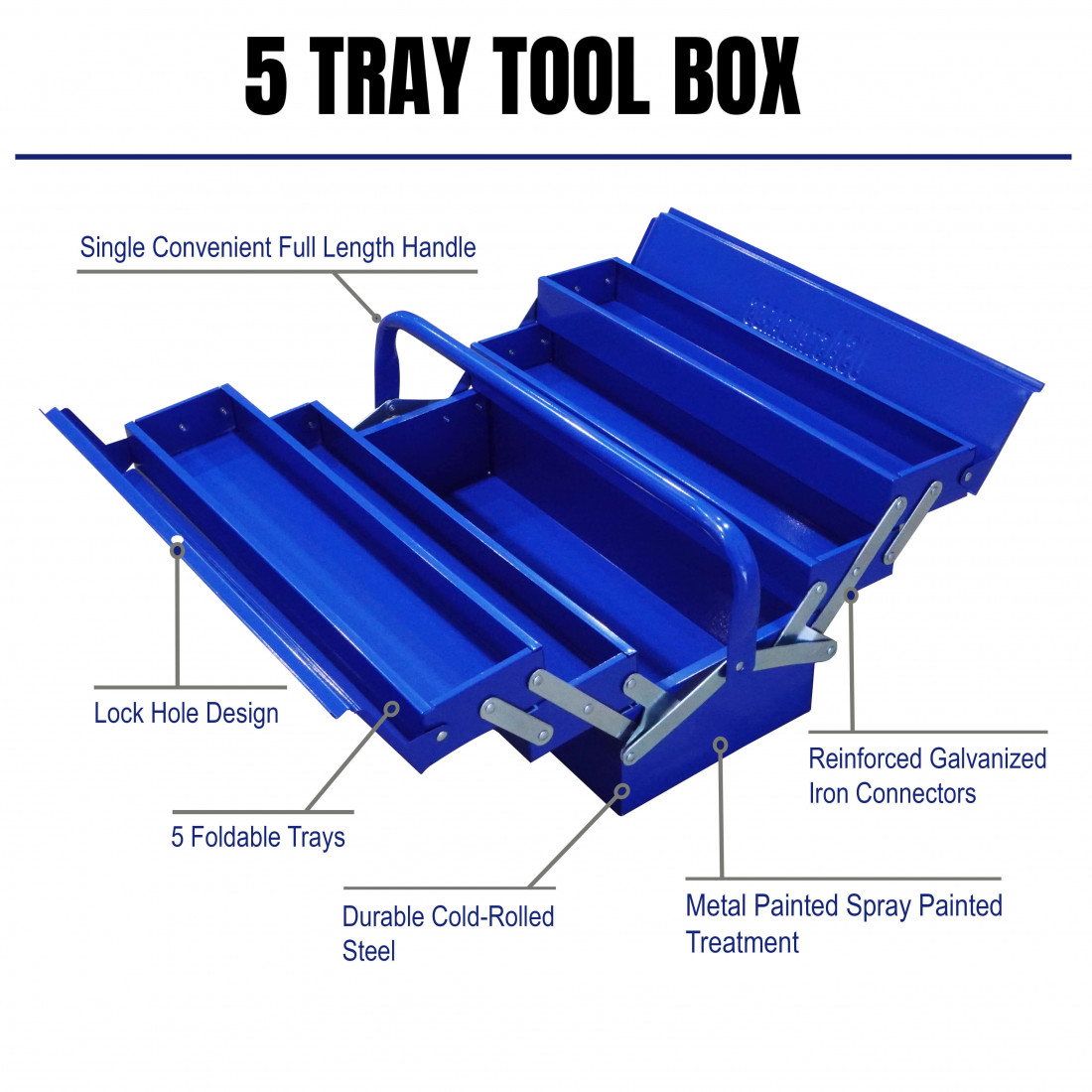 VTOOLS 18.5 Inch 5 Tray Metal Tool Box with Single Handle