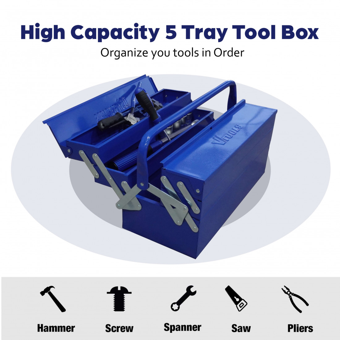 VTOOLS 18.5 Inch 5 Tray Metal Tool Box with Single Handle